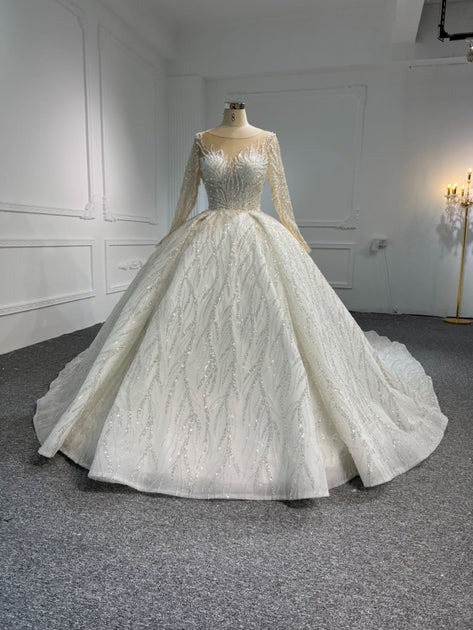 BYG23-44 LUXURY GLITTER LONG SLEEVES WEDDING DRESS WITH 2 METERS TAIL ...