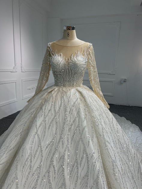 BYG23-44 LUXURY GLITTER LONG SLEEVES WEDDING DRESS WITH 2 METERS TAIL ...