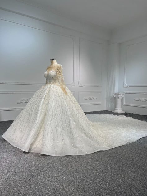 BYG23-44 LUXURY GLITTER LONG SLEEVES WEDDING DRESS WITH 2 METERS TAIL ...