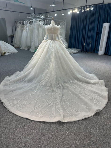 BYG#Z317-2 FULL LACE IVORY LONG SLEEVES WEDDING GOWN WITH 100CM TAIL ...