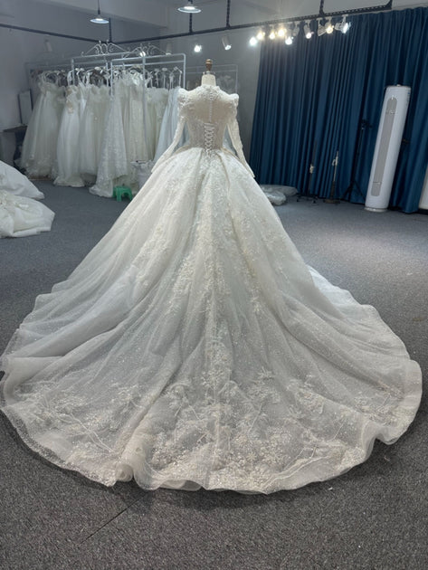 BYG#Z317-3 FULL LACE IVORY LONG SLEEVES WEDDING GOWN WITH 100CM TAIL ...