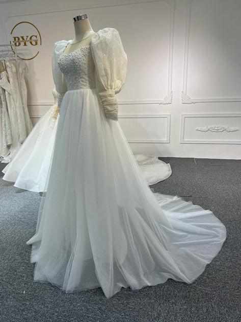 BYG #WL57 FULL LACE SEQUINS PUFF SLEEVES MERMAID DRESS – BYG Wedding ...